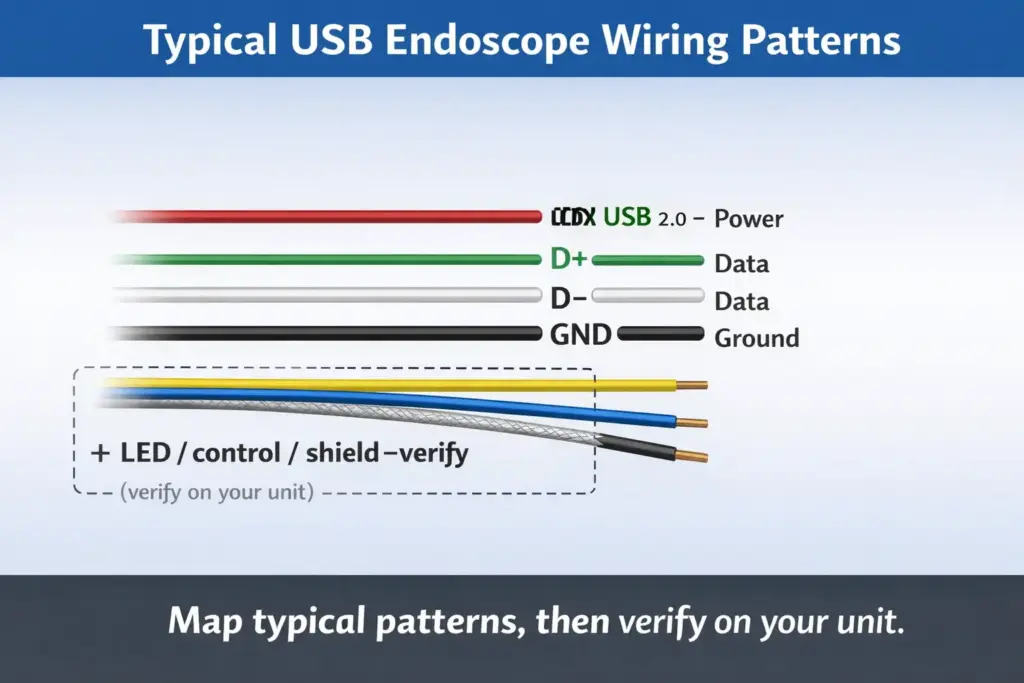 USB Endoscope Wiring Diagram & Pinout (VBUS/GND/D+/D−) — 4/5/6-Wire ...